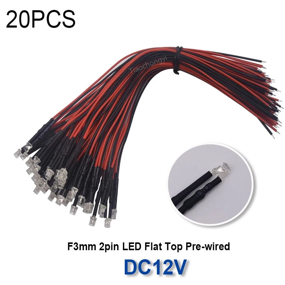20шт, 3мм LED, 12V, красный, предварительно подключенные
