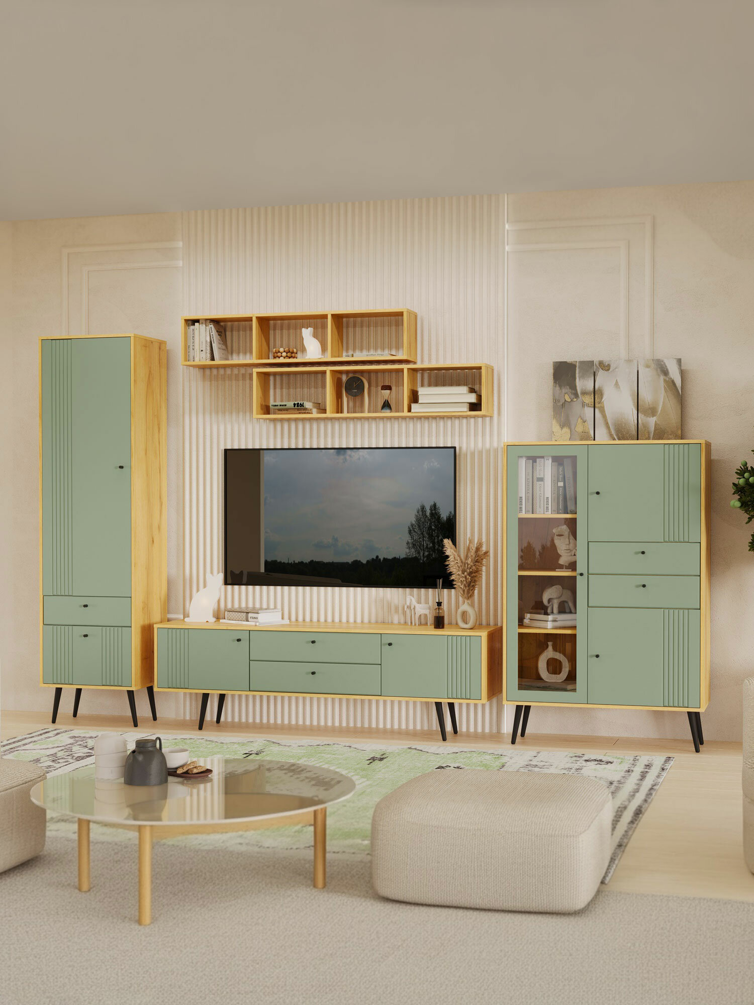 Гостиная комплект Вега Саксония шкафы, ТВ-тумба, настенная полка, Дуб Крафт золотой / Серо-зеленый