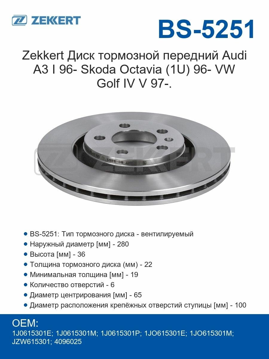 Zekkert Диск тормозной передний Audi A3 I 96- Skoda Octavia (1U) 96- VW Golf IV V 97-.