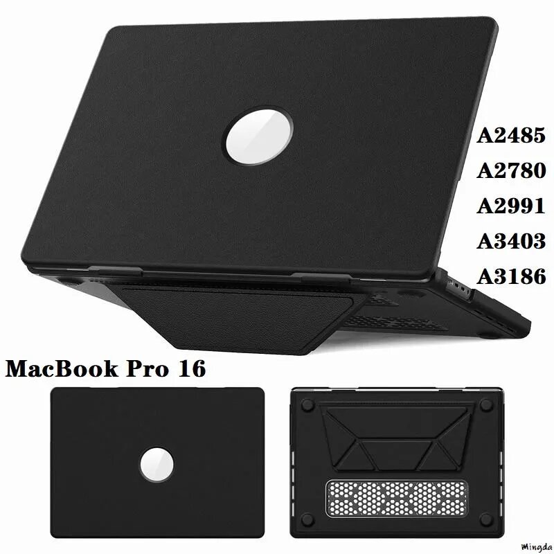 Чехол для MacBook Pro 16 M1 M2 M3 M4 / Поликарбонат + искусственная кожа премиум-класса для Макбук Про 16 2021 2023 2024 (A2485 A2780 A2991 A3403 A3186), Цвет: Черный