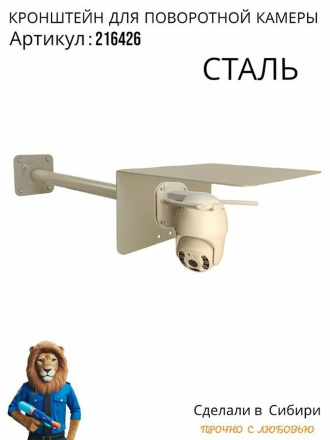 Кронштейн для поворотной камеры с вылетом 50см и большим козырьком серый, сталь