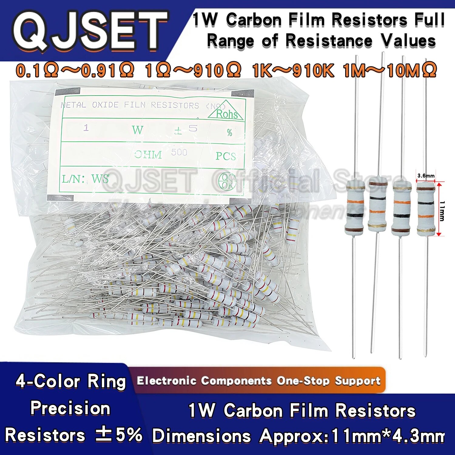 2.2ohm, углеродные резисторы QJSET 1 Вт 5%, 500 шт.