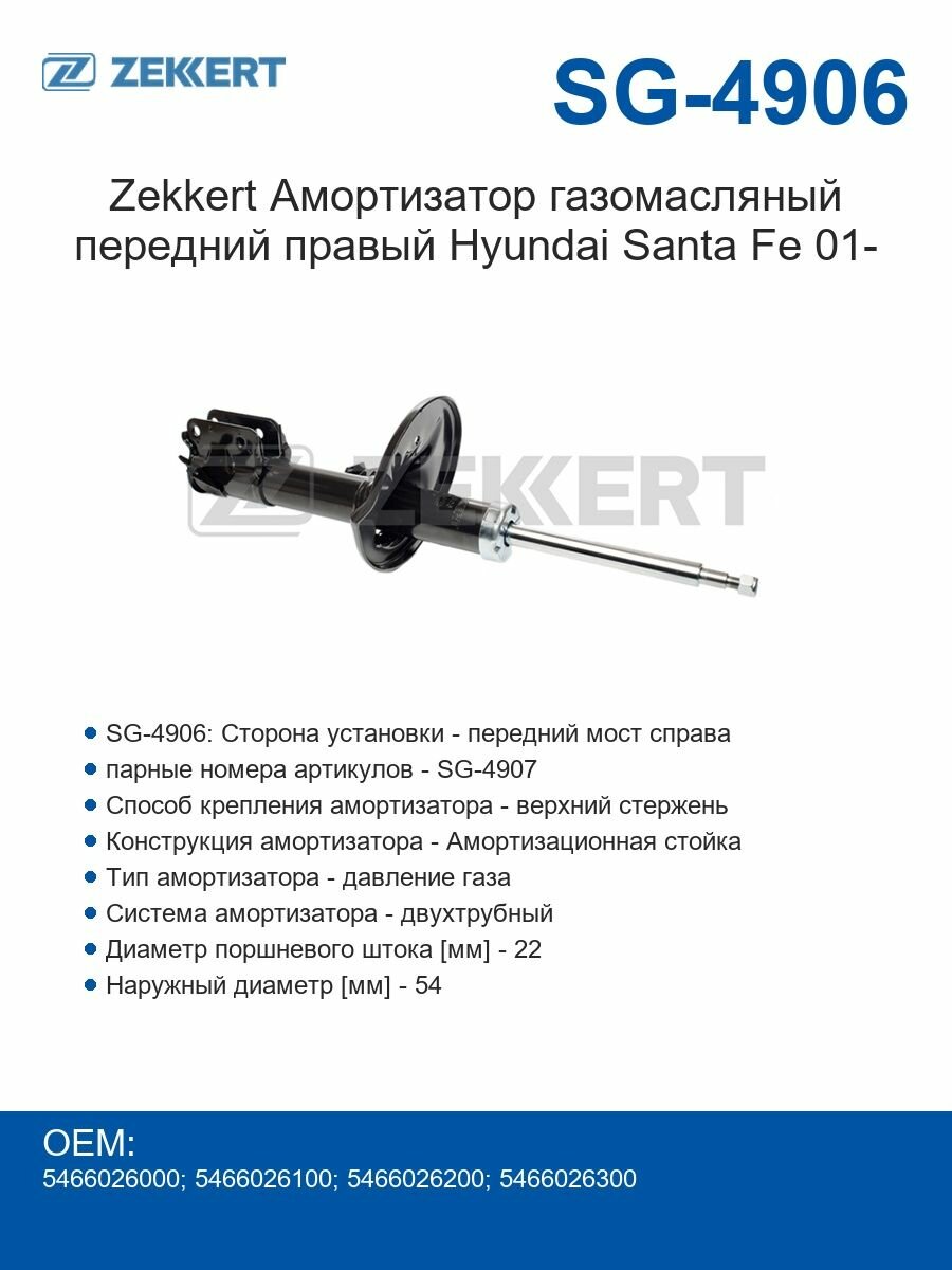 Zekkert Амортизатор газомасляный передний правый Hyundai Santa Fe 01-