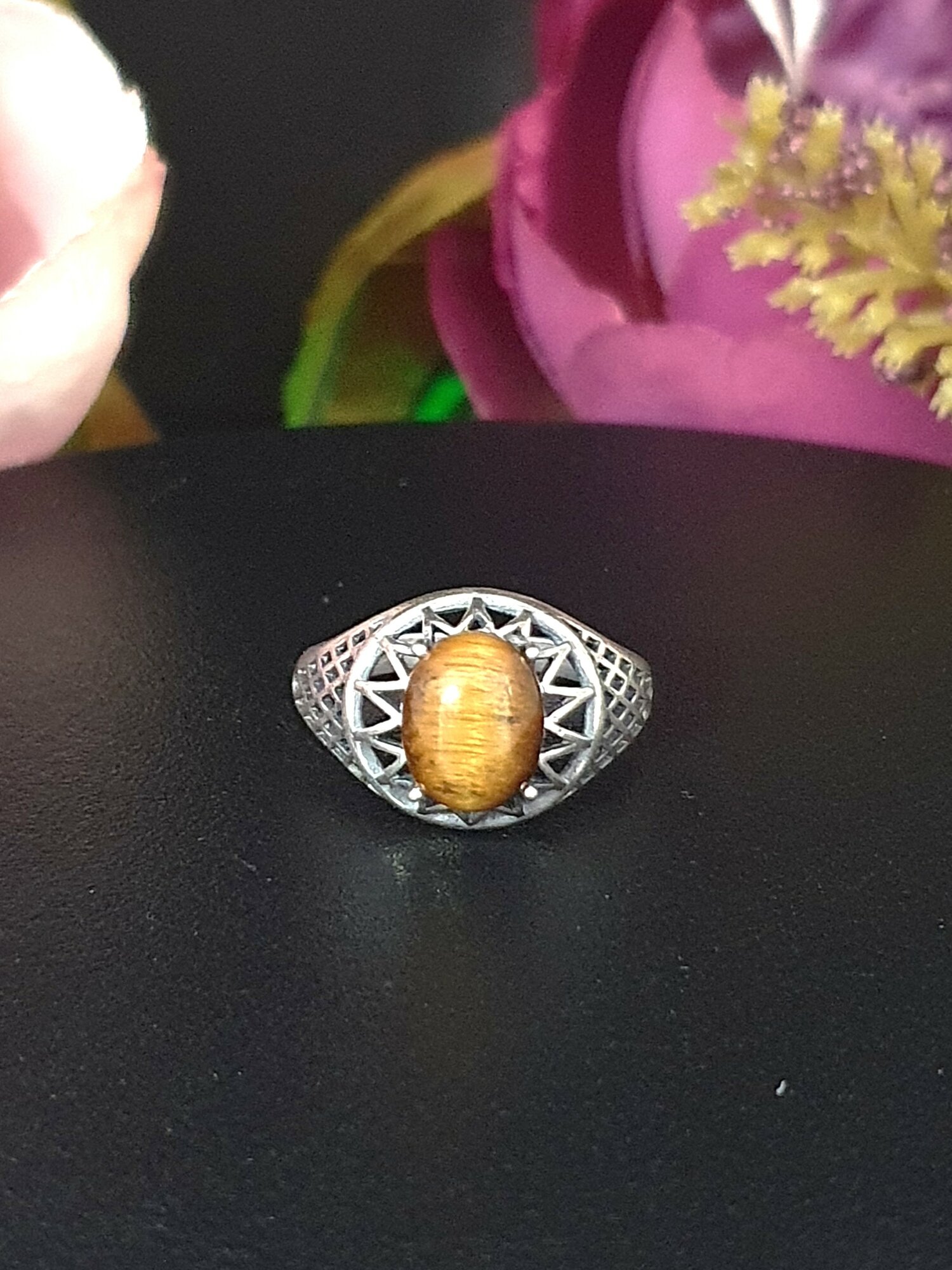 Кольцо, искусственный камень, тигровый глаз