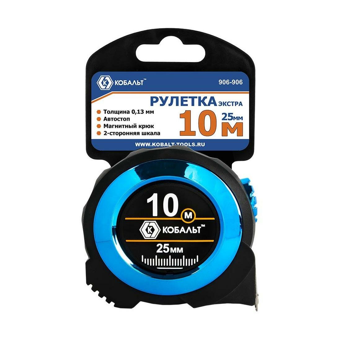 Рулетка 10м x 25мм, металлич корпус, толщина ленты 0,13 мм, автостоп, магнит, 2 стор. шкала кобальт Экстра (906-906)