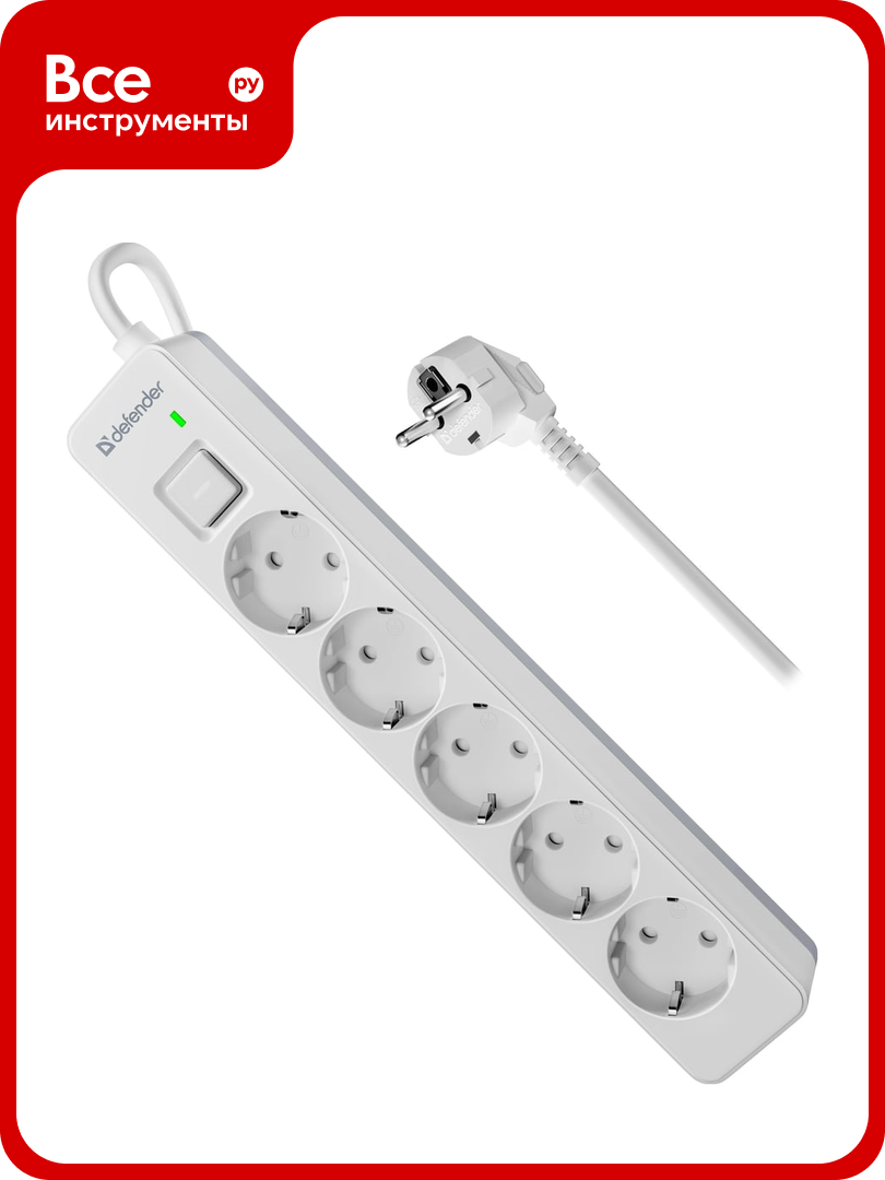 Удлинитель с сетевым фильтром Defender DFS 133 3 м, белый, 5 розеток 99431