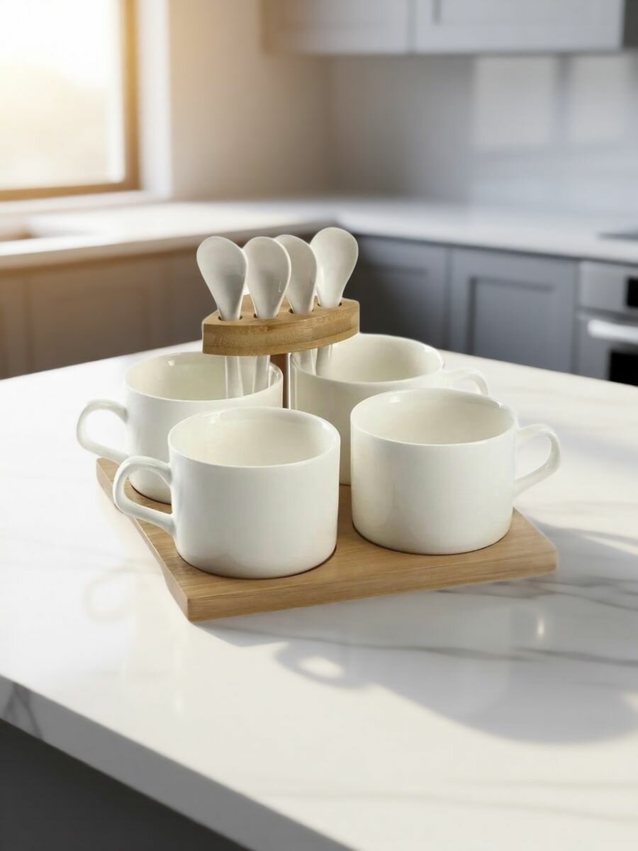 Набор кружек с ложками на деревянной подставке. Керамические Подарочные Чашки для чая, кофе, какао, супа. Стаканы для холодных и горячих напитков для 4 персон, 9 предметов. 150 мл.