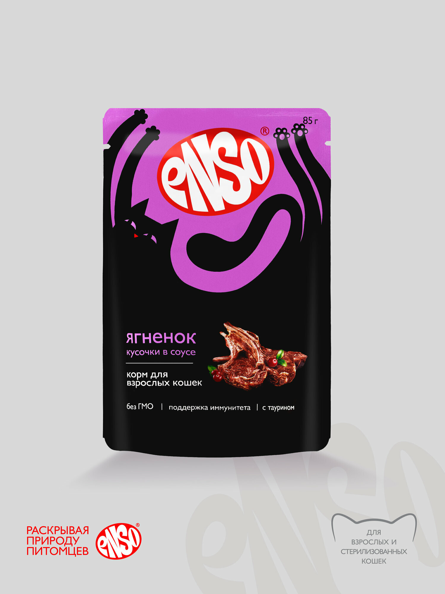 Паучи Enso полнорационный корм для взрослых кошек кусочки в соусе с ягненком 24 шт х 85 г