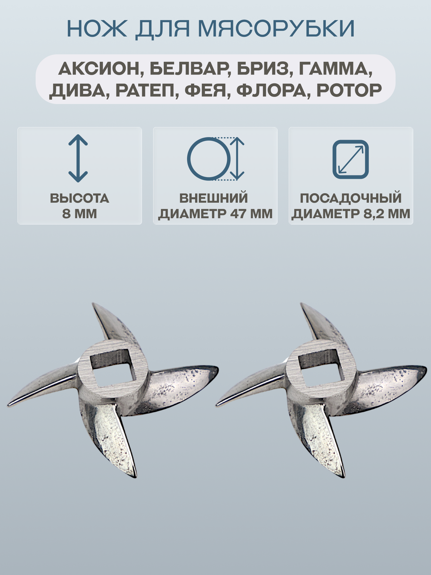 Нож для мясорубки Аксион, Белвар, Бриз, Гамма, Дива, Ратеп, Фея, Флора (комплект 2 штуки)/RPH99