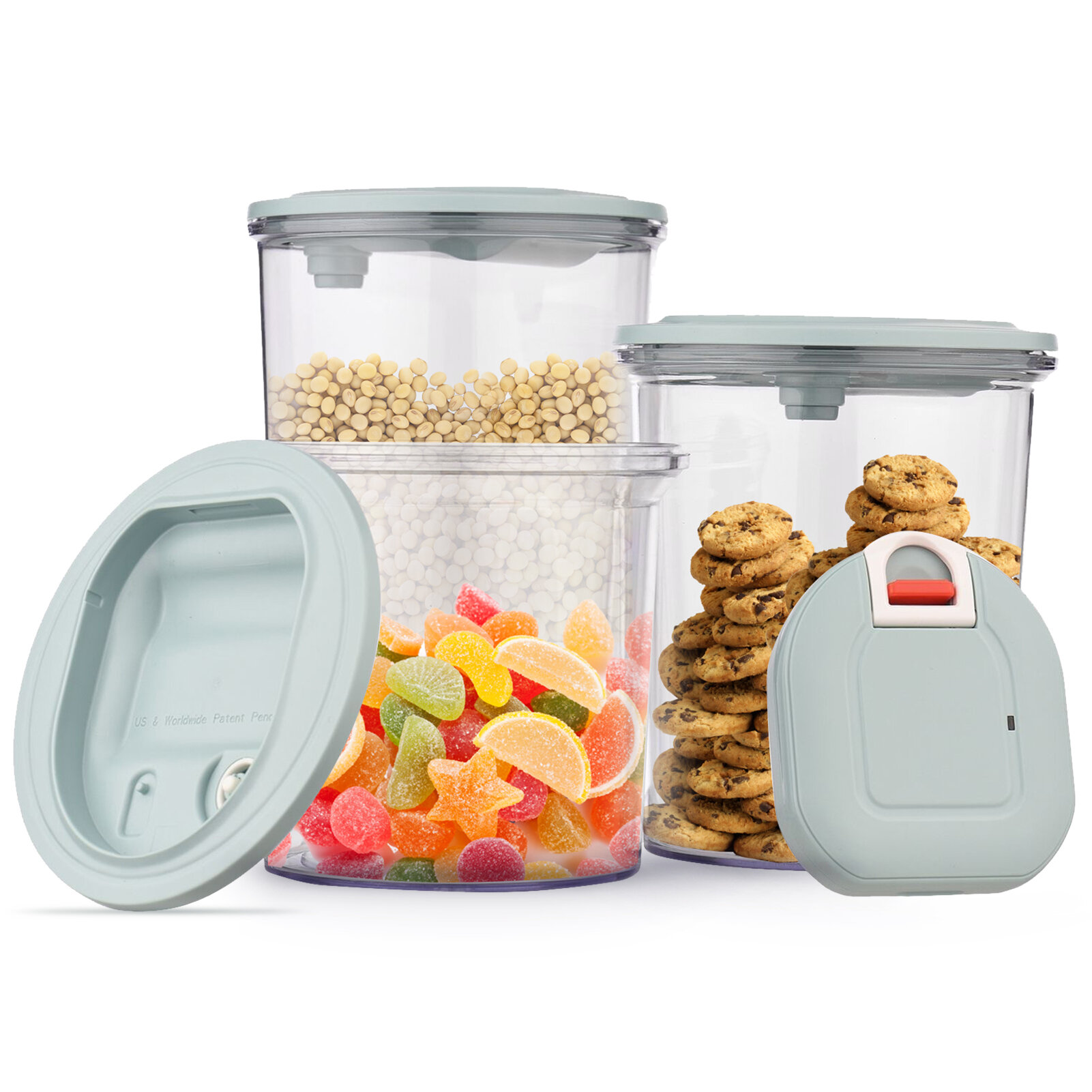 Набор 3 герметичных контейнеров для хранения продуктов под вакуумом 20 Кпа с самонасасывающим насосом, прозрачные банки с крышкой, объёмы 1 л, 1,5 л, 2 л