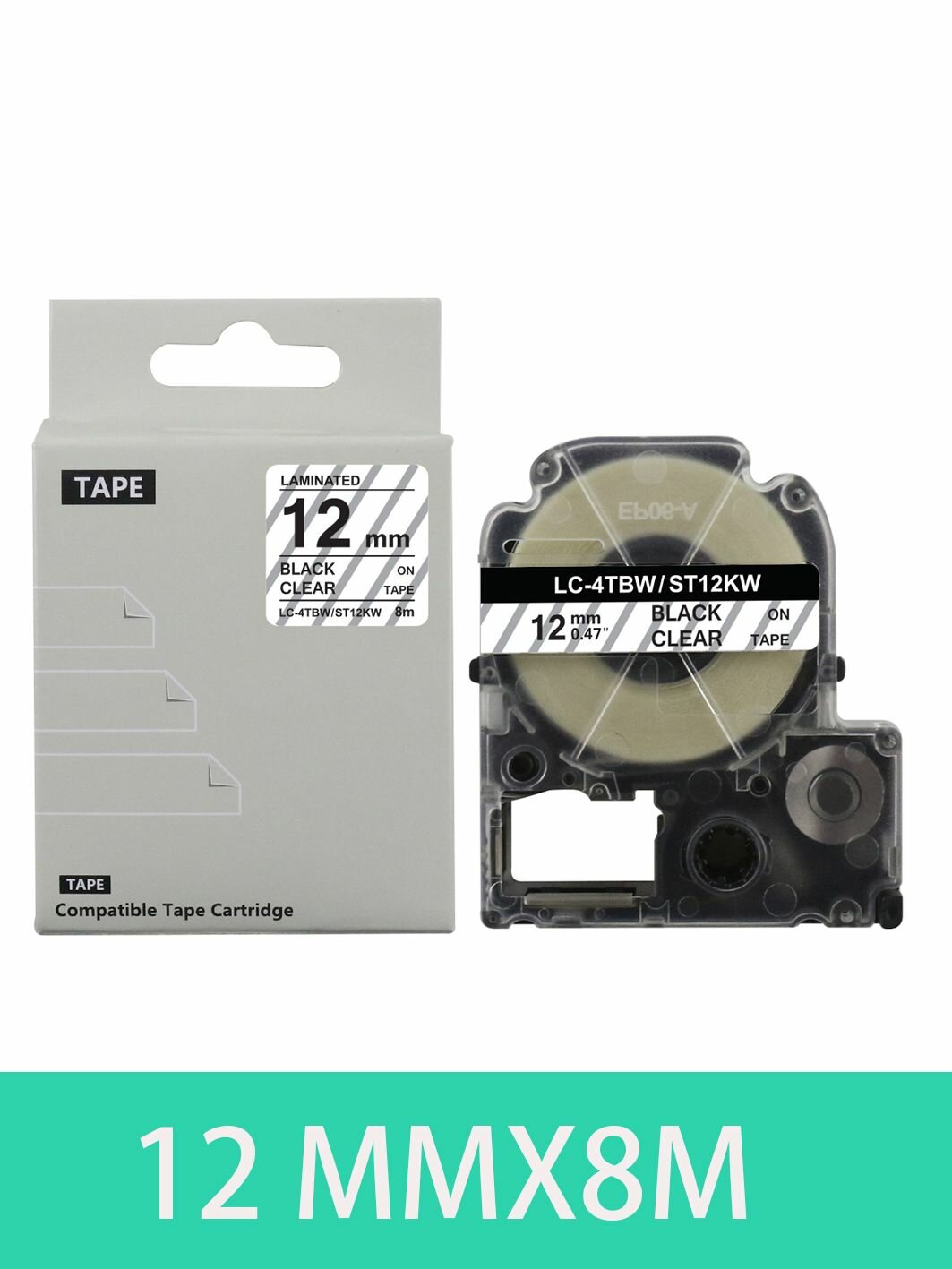 Epson LC-4WBN 12 мм на 8 м , ЧЧерный текст на прозрачном фоне ST12 KW,1 шт