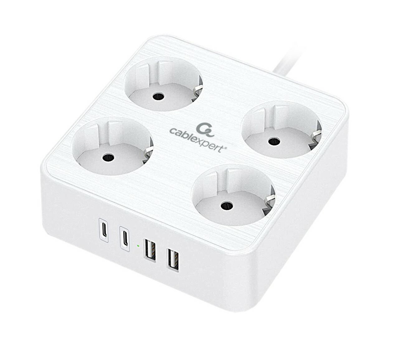 Сетевой фильтр Cablexpert Plate 4 розетки, 10А, 2xType-C PD, 20Вт, 2xUSB, 2м, белый, PLT-4-C2U2-W-2