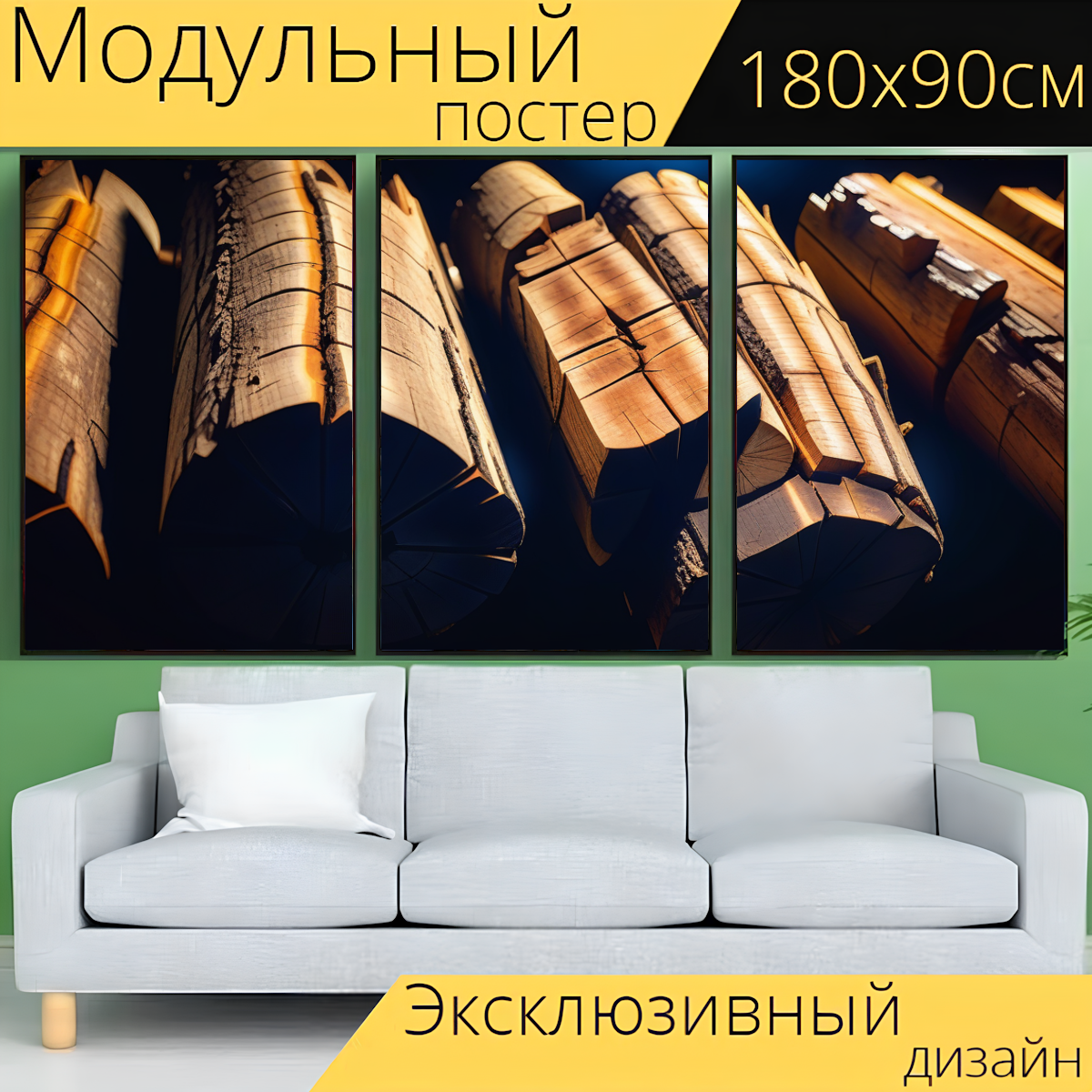 Модульный постер "Деревянные чурки в ярких огнях" 180 x 90 см. для интерьера на стену в тубусе