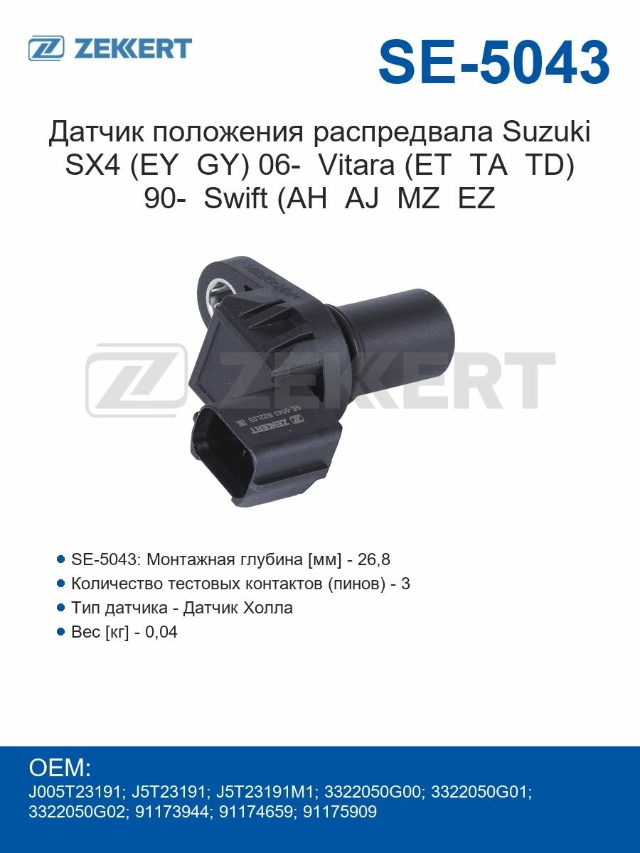 Zekkert Датчик положения распредвала Suzuki SX4 (EY GY) 06- Vitara (ET TA TD) 90- Swift (AH AJ MZ EZ