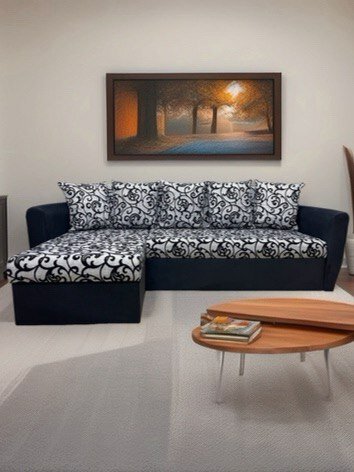 Угловой диван-кровать "Мартин" черный велюр / узоры, левый угол, механизм-Еврокнижка,2 вместительных ящика для хранения