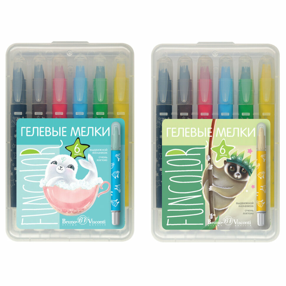 Мелки гелевые BRUNO VISCONTI FunColor, пластиковый корпус, выкручивающиеся, 8 мм, 6 цветов, 31-0017, 24 штук, 272951