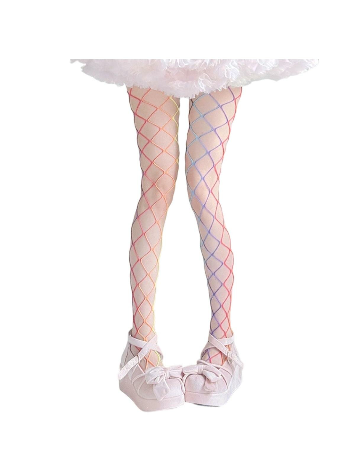 Радужные колготки в сеточку, колготки в сеточку