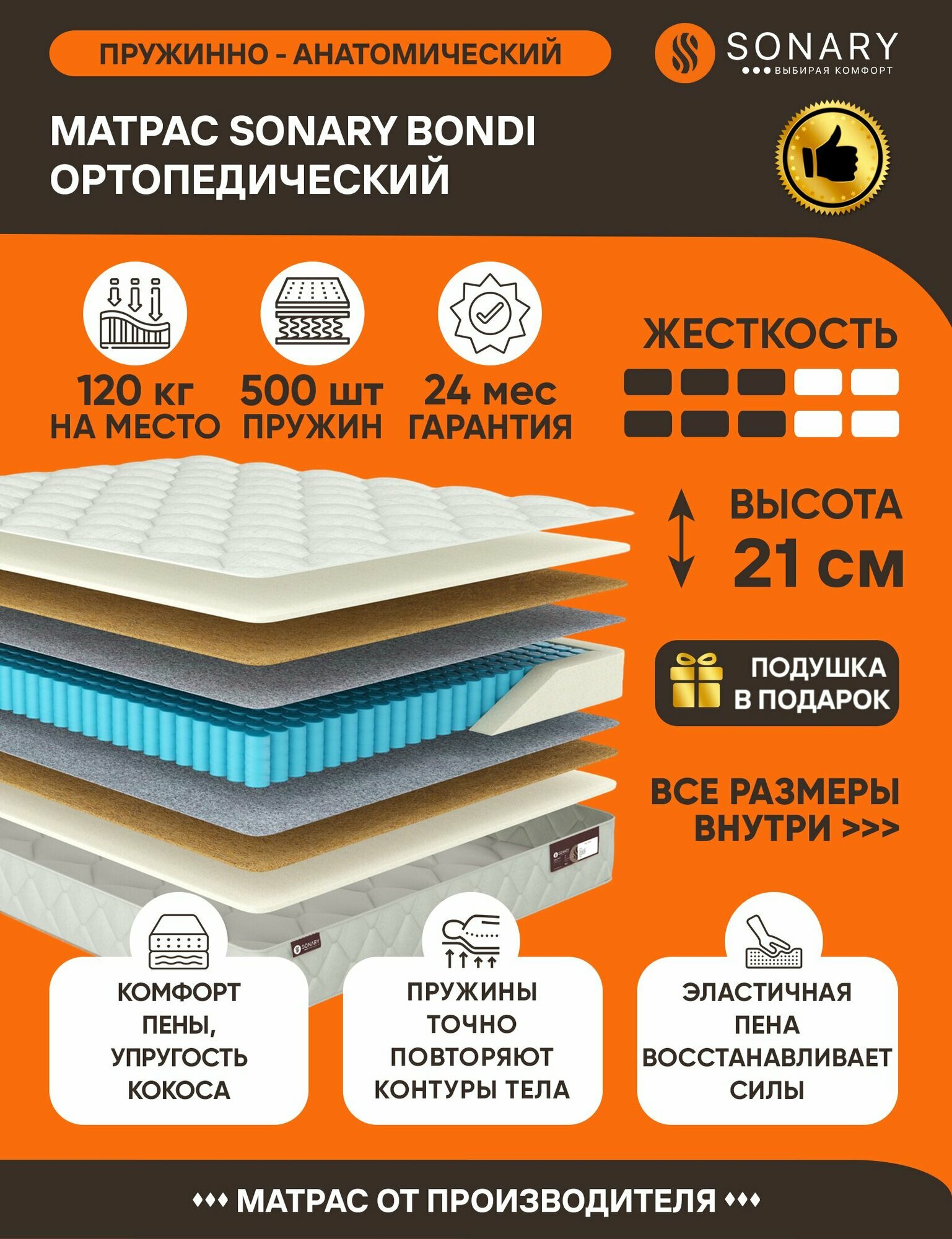 Матрас Sonary Bondi 90х210 серии Urban высота 21 см анатомический средней жесткости кокосовый Независимые пружины