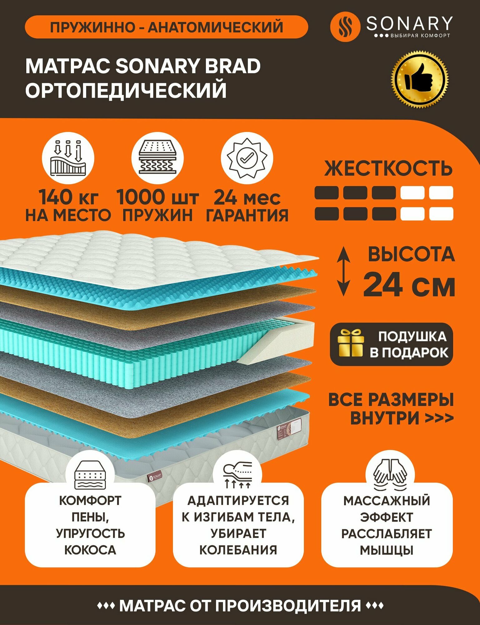 Матрас Sonary Brad 80х175 серии Relax высота 24 см анатомический средней жесткости кокосовый Независимые пружины