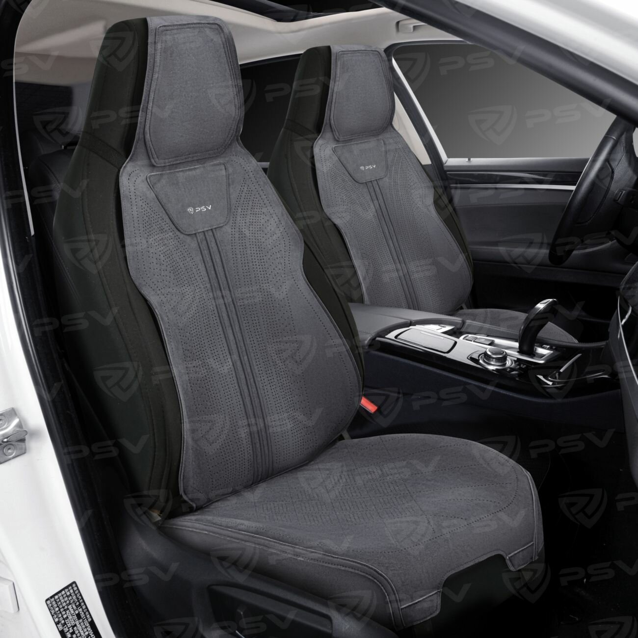 Накидка чехол на сиденье из алькантары в машину универсальная для сидений с литым подголовником премиум PSV Vertical FRONT (Темно-Серый)