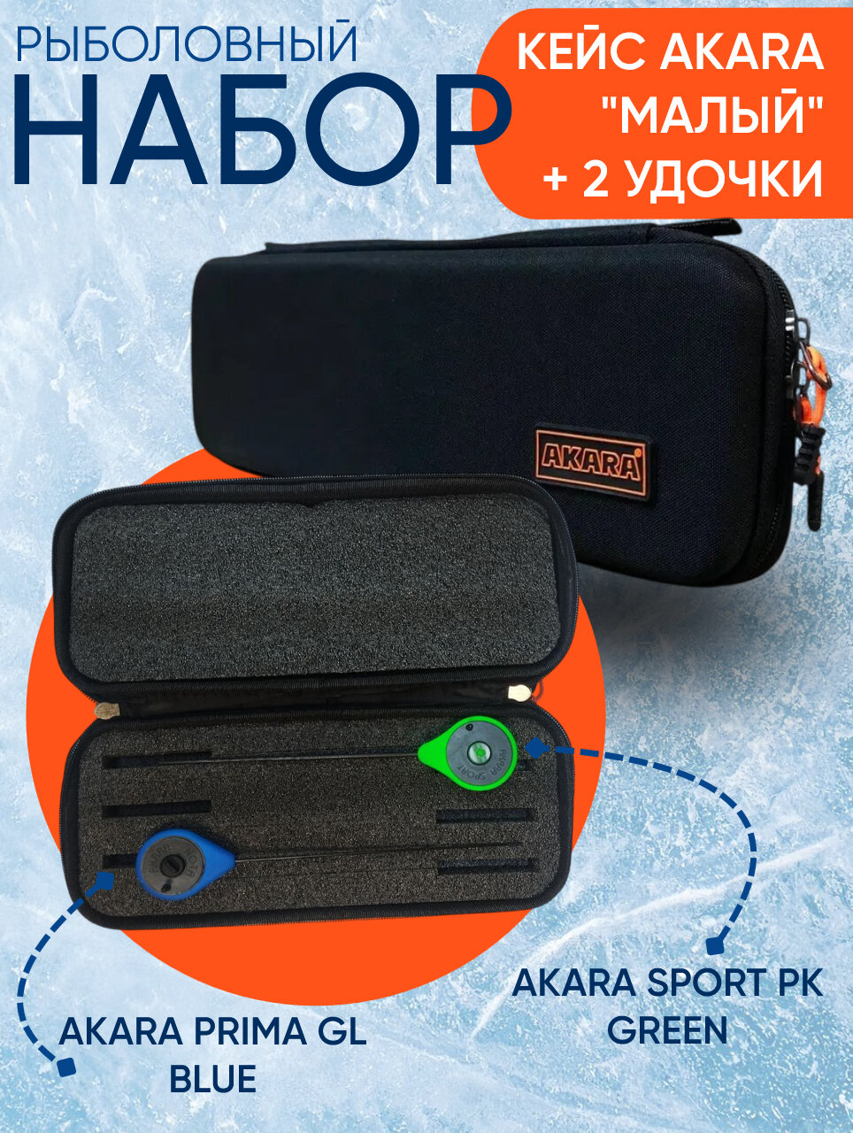 Набор зимний кейс Akara малый + две удочки Akara Sport PK Green и Prima GL Blue