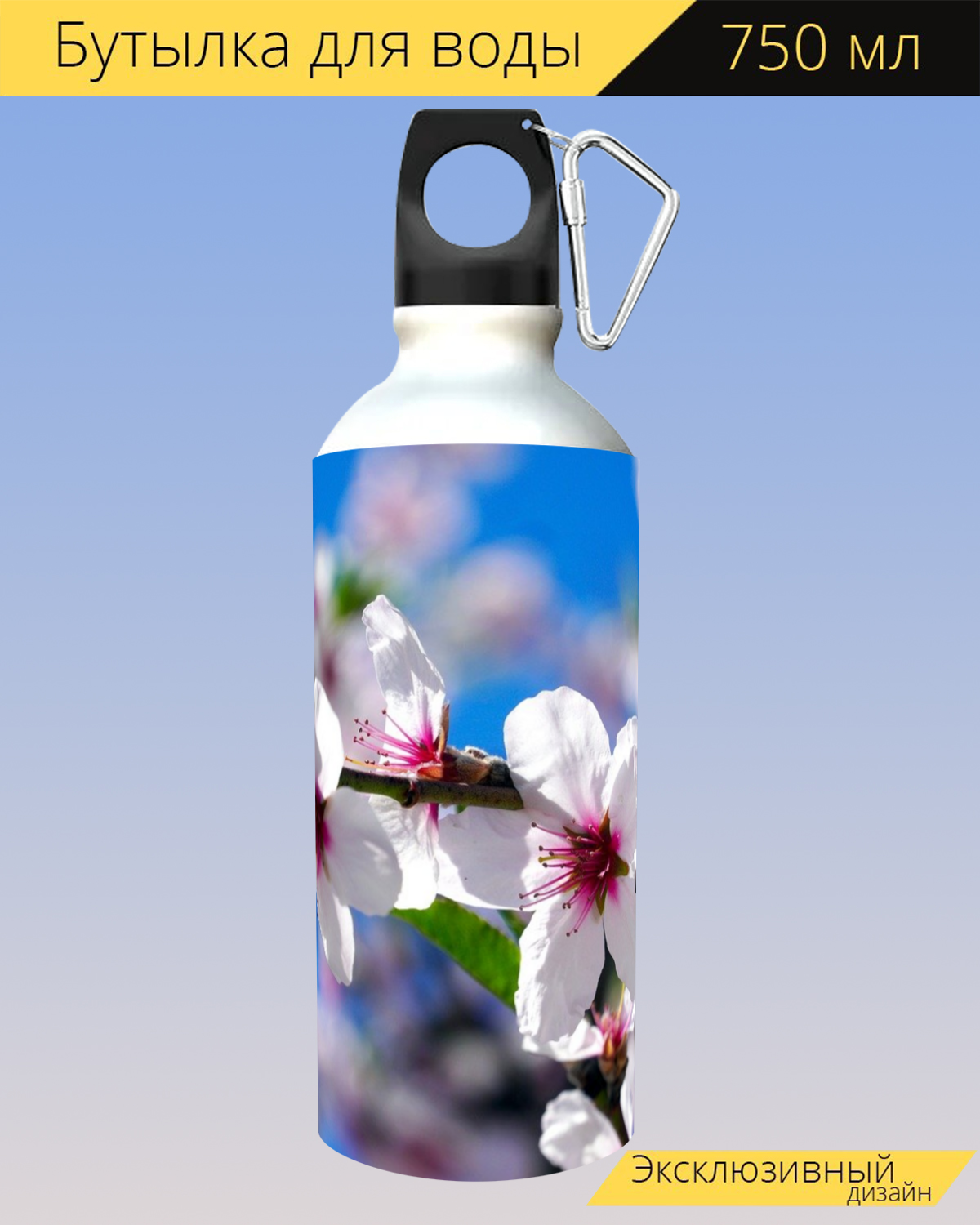 Бутылка фляга для воды "Цветы, миндальное дерево, миндаль" 750 мл. с карабином и принтом