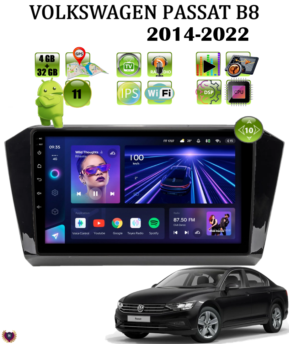 Автомагнитола для Volkswagen Passat B8/Фольксваген Пассат Б8 (2014-2022), Android 11, 4/32 Gb, Wi-Fi, Bluetooth, CarPlay, GPS, поддержка кнопок на руле