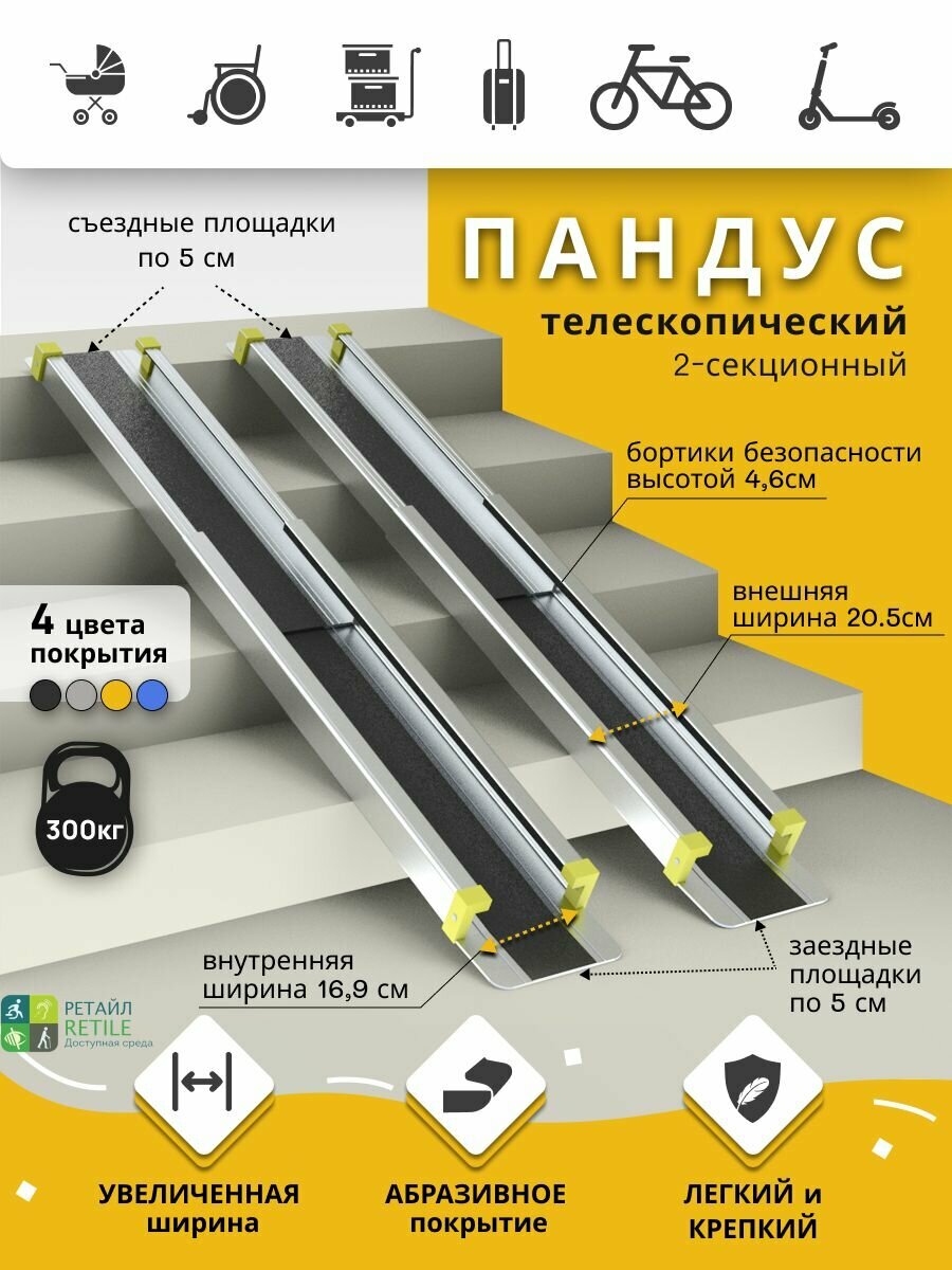 Пандус 170 см телескопический 2-секционный Антислип, чёрный (рабочая длина 160 см + 2 опор. площадки по 5 см)