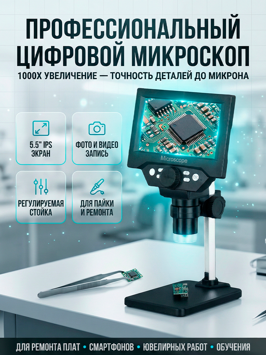 Цифровой микроскоп для пайки 1000x с экраном — электронный , профессиональный