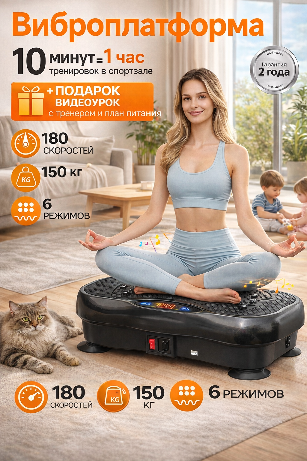 Виброплатформа для похудения, с вибрацией, горизонтальная, 120 скоростей, до 150 кг