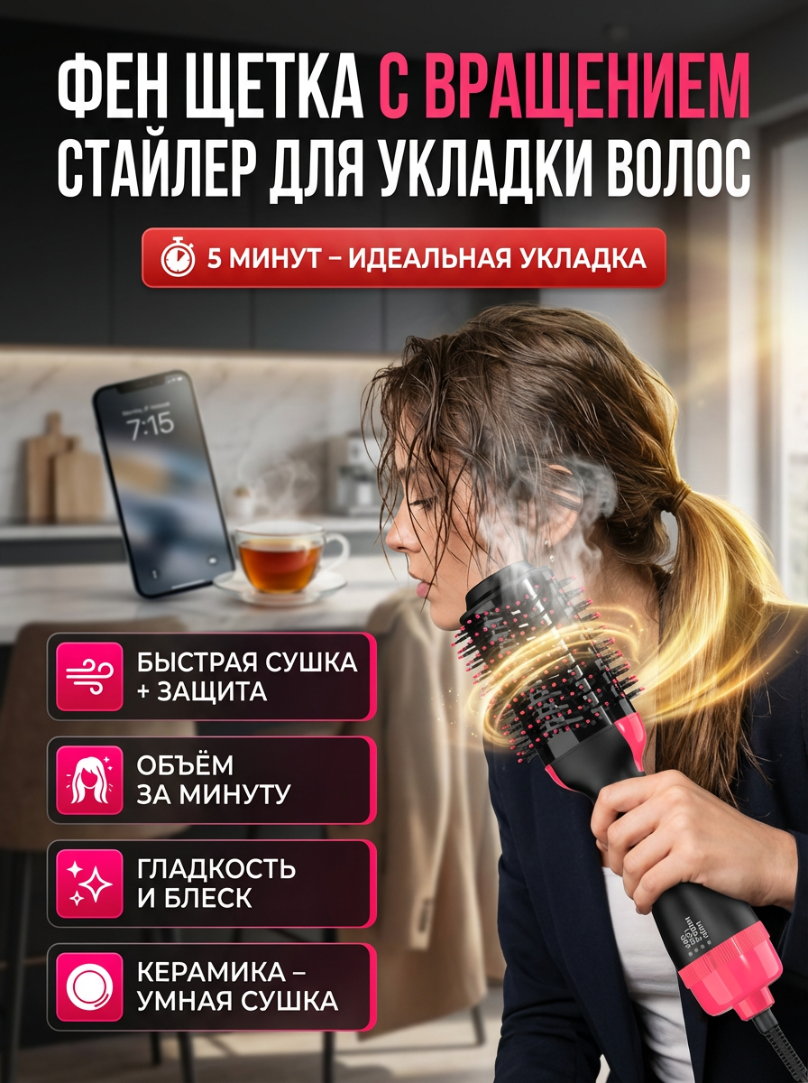 Фен-щетка для волос 3 в 1, Термощетка, Выпрямитель для волос, Стайлер, Расческа