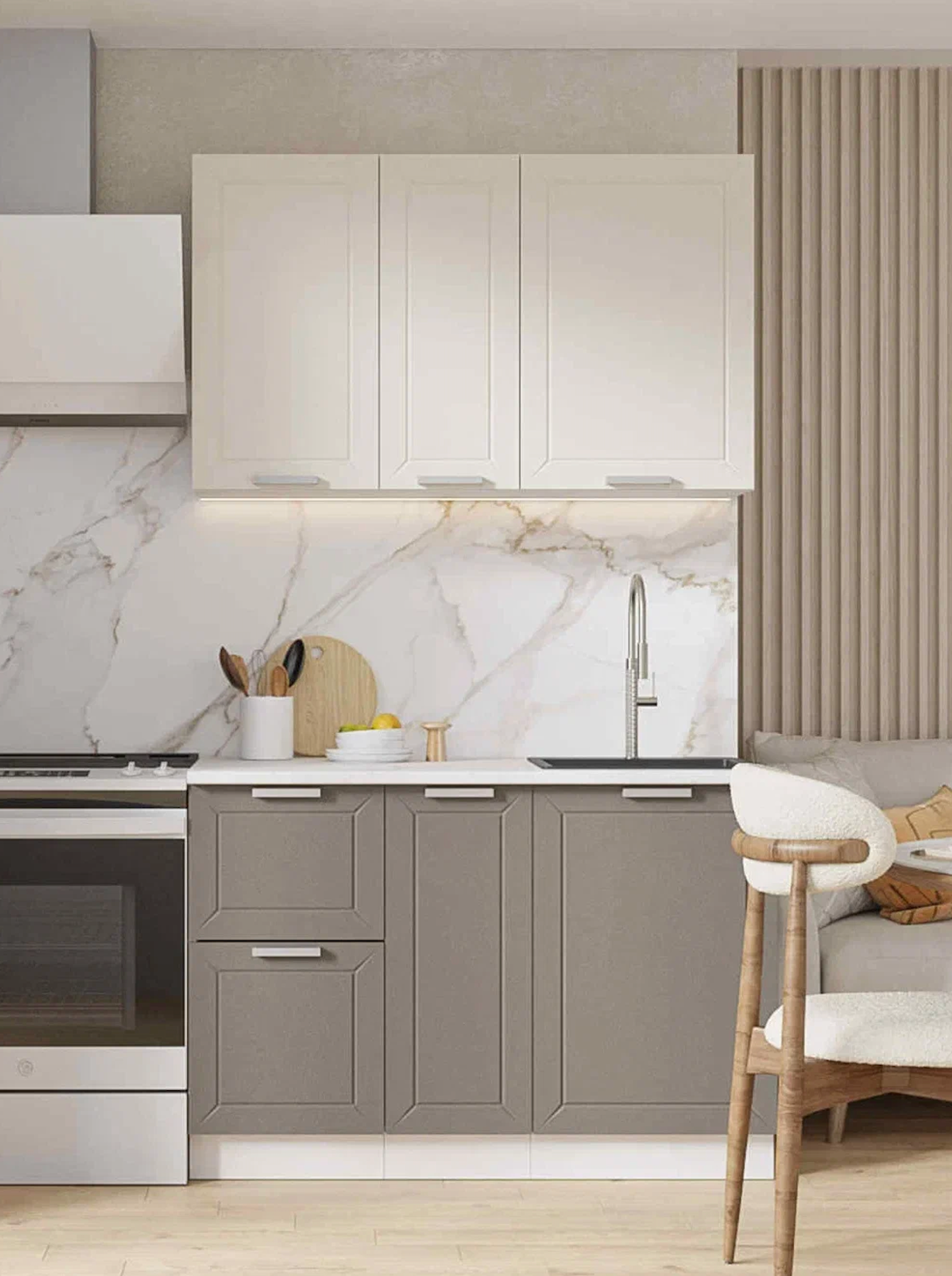 Кухонный гарнитур "Альфа", 1,2 м, фасады-МДФ, столешница в комплекте, цвет низ-вулкан, верх-белый.