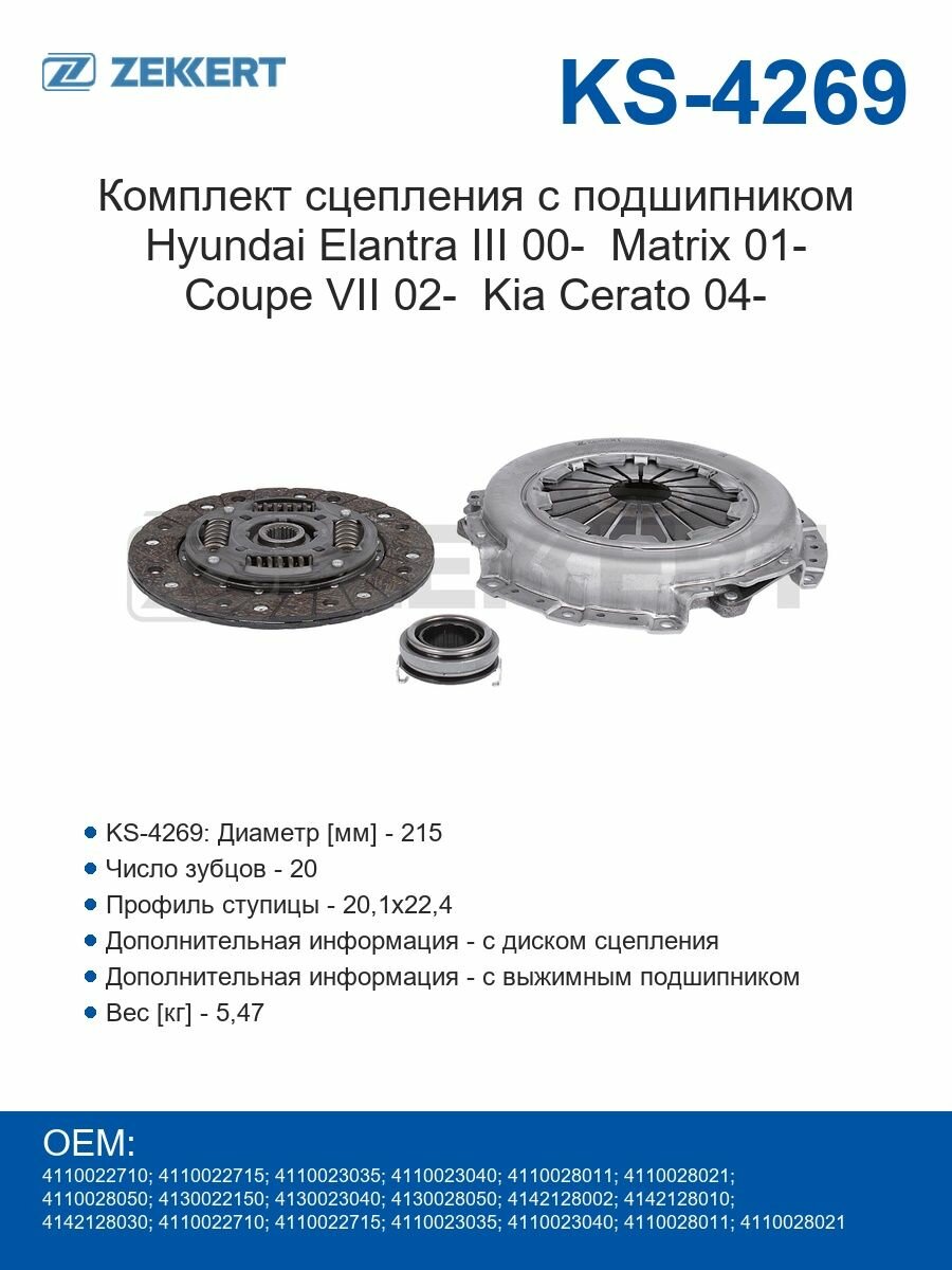 Zekkert Комплект сцепления с подшипником Hyundai Elantra III с 2000 года Matrix с 2001 года Coupe VII с 2002 года Kia Cerato с 2004 года