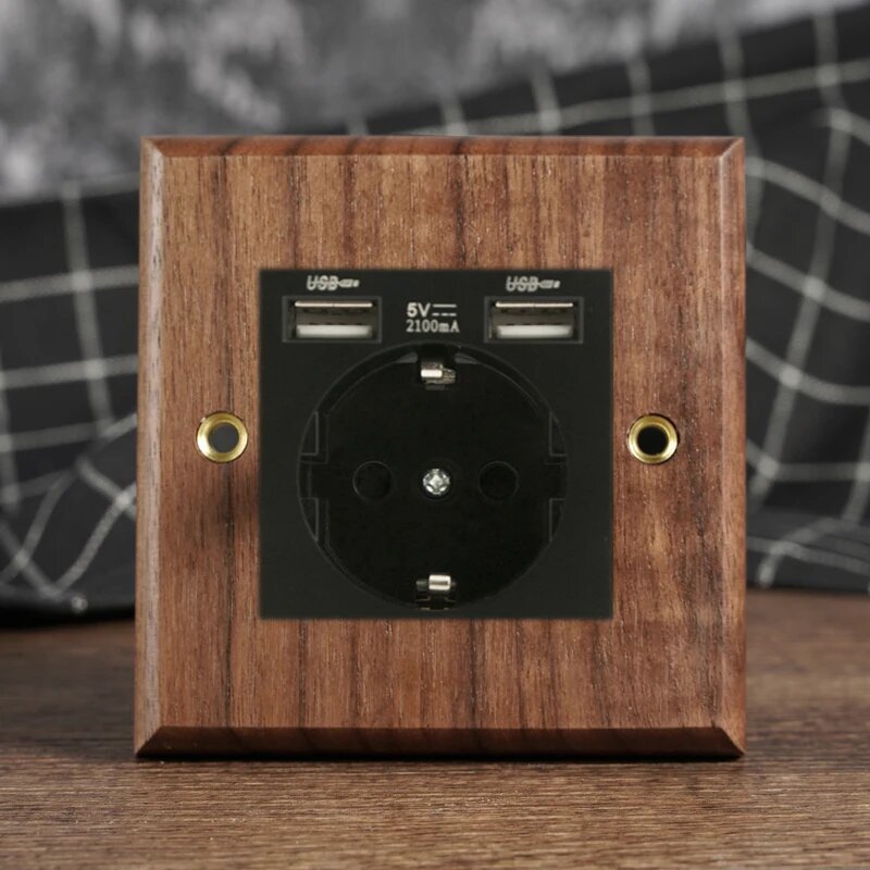 Панель розетка с USB, дерево орех, EU Socket, 2 USB