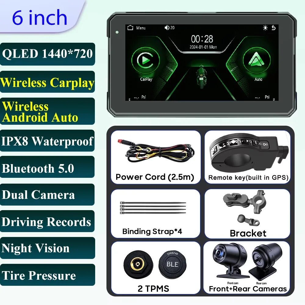 Carplay мотоцикл Android авто GPS навигация IPX8 водонепроницаемый для мото Screen-TPMS-GPS-DVR
