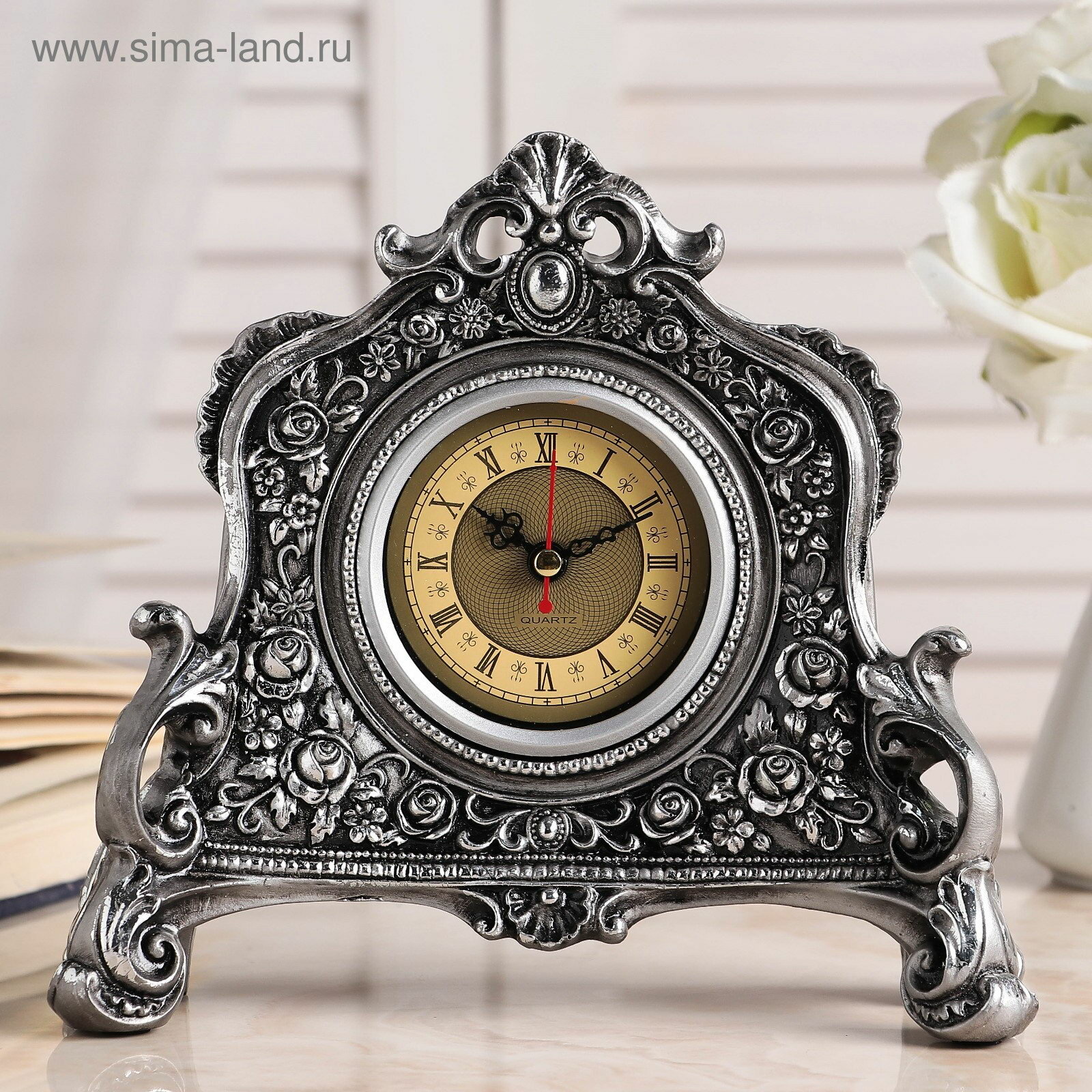 Часы настольные интерьерные каминные, 21x19x6.5 см, d=7 см, серебряные