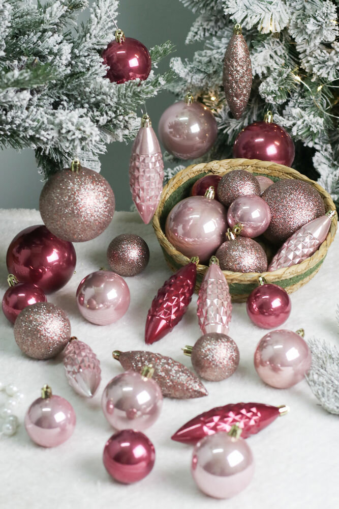 Набор ёлочных украшений оттенки праздника, пластик, цвета: розовый бархат, жемчужно-розовый, ягодная фуксия, 5-12 см, упаковка 31 шт, Koopman International CAN207360