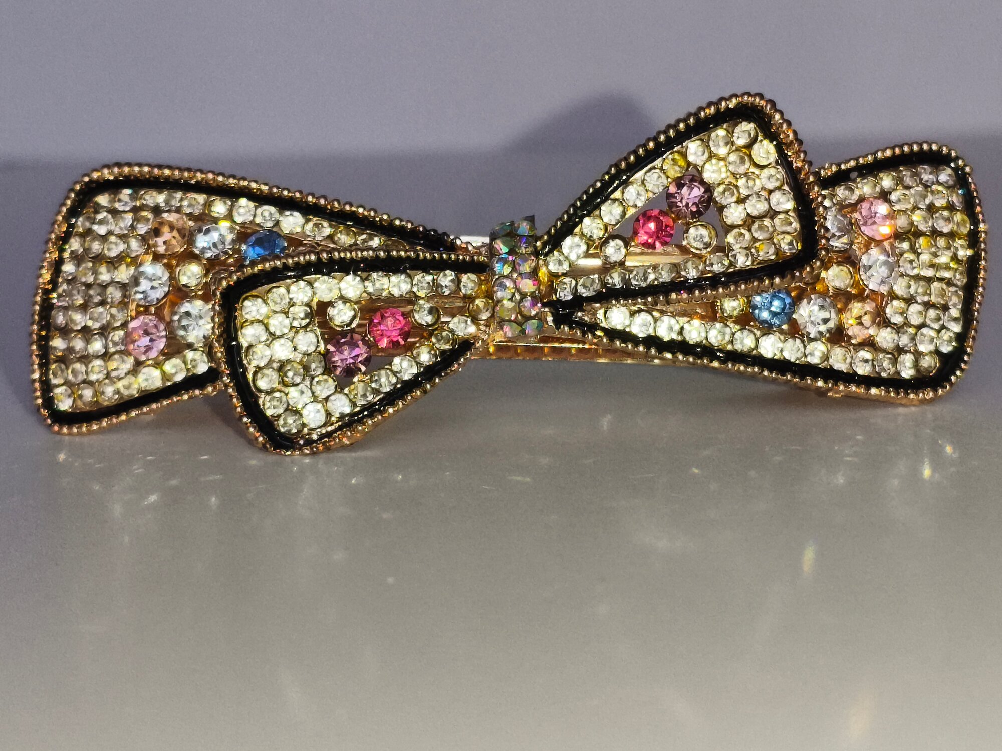 Заколка автомат для волос "Бант", металл, стразы, длина 9 см.