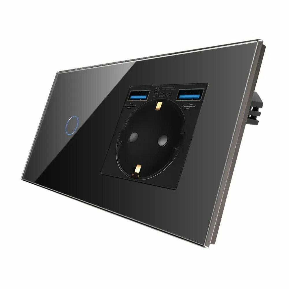 Сенсорный выключатель с розеткой и 2-мя USB / 1 клавиша, 1 розетка, 2 порта USB / черный