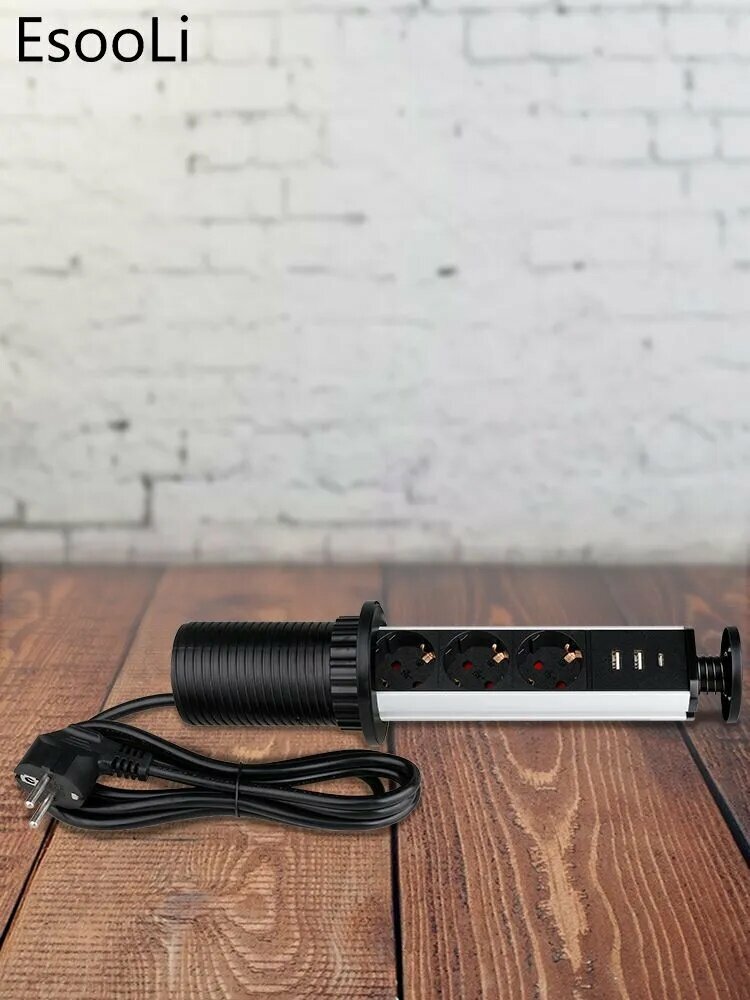 Выдвижная розетка в столешницу, скрытая, блок выдвижной горизонтальный на 3 розетки , и 2 USB A и USB C, для кухни стол, Черный