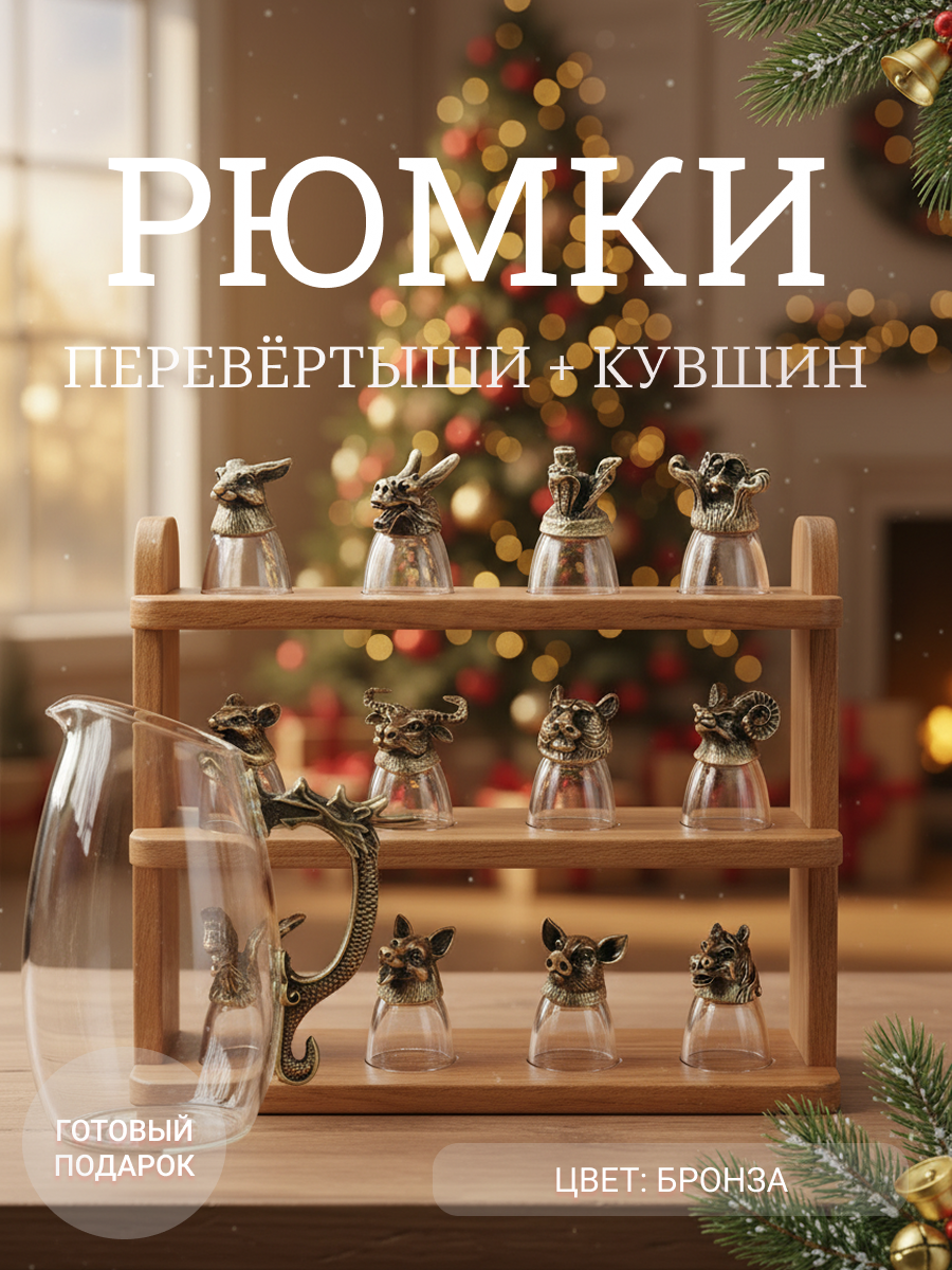 Подарочный набор "Восточный календарь", стопки-перевертыши, 12 рюмок и кувшин, подарочный чемодан, бронза