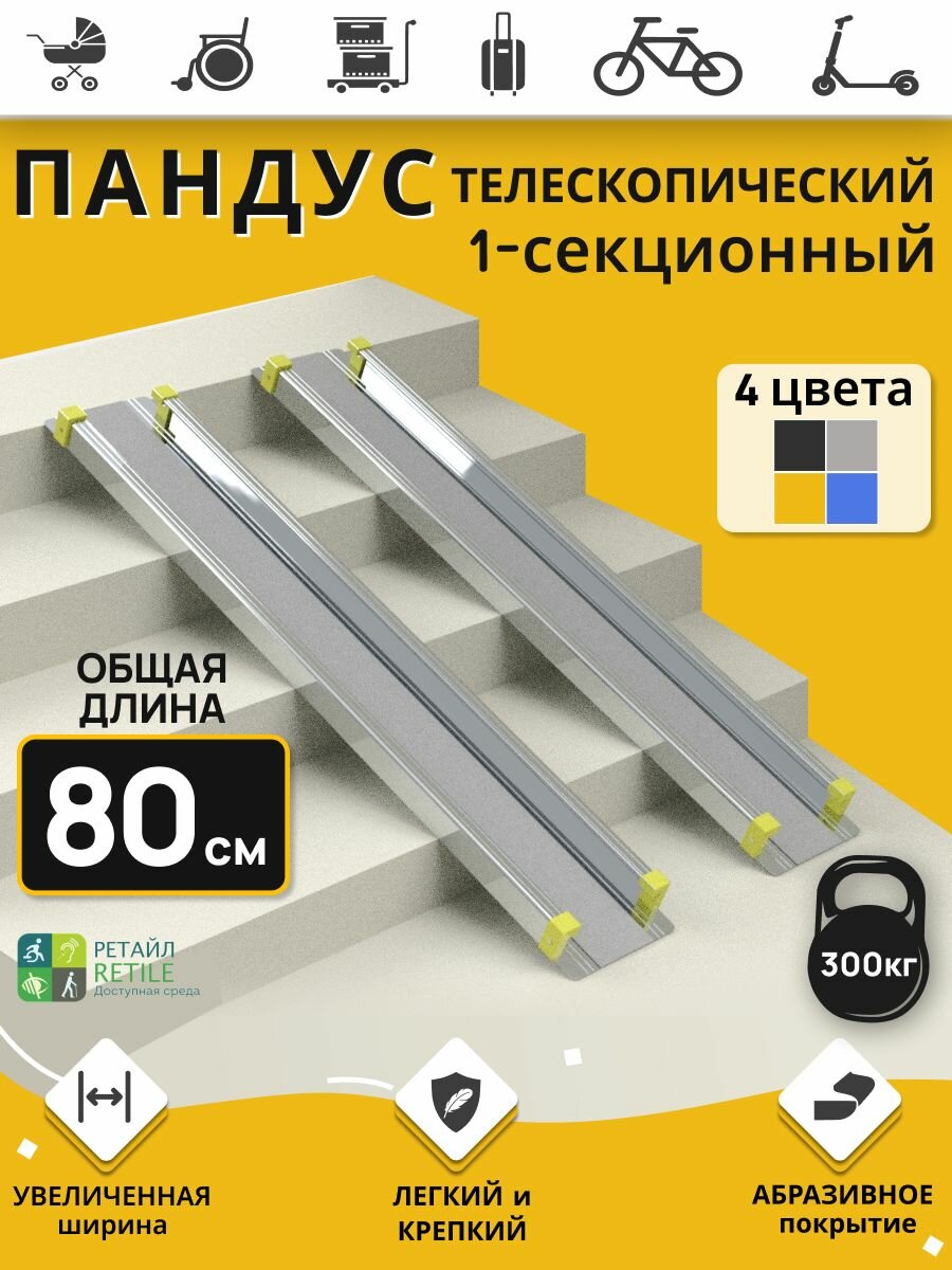 Пандус 80 см 1-секционный Антислип, серый (рабочая длина 70 см + 2 опор. площадки по 5 см)
