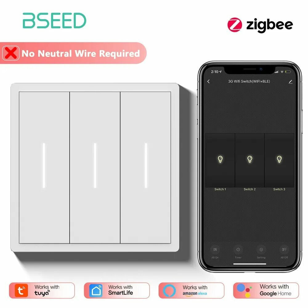 Умный выключатель без нуля Zigbee, с индикатором, встроенное голосовое управление, Алисой, 86 мм