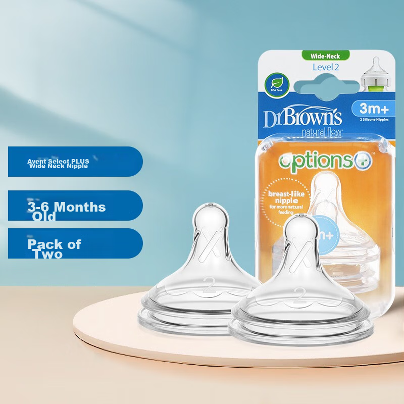 Dr. Brown's Nipples Wide-Neck Nipples (3-6 Months) Round Hole Silicone Soft Rubber Nipples (2-Pack) Aibaosen PLUS