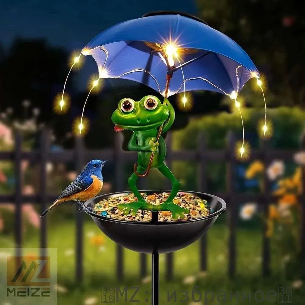 Садовая фигурка Лягушка с зонтиком и птичкой на кормушке с подсветкой, металлическая, зеленая, 19*84.5 см
