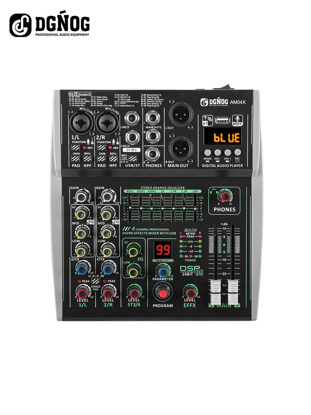 4-канальный диджейский микшерный пульт DGNOG AM04X с 99 цифровыми эффектами, Bluetooth, USB-воспроизведением и записью