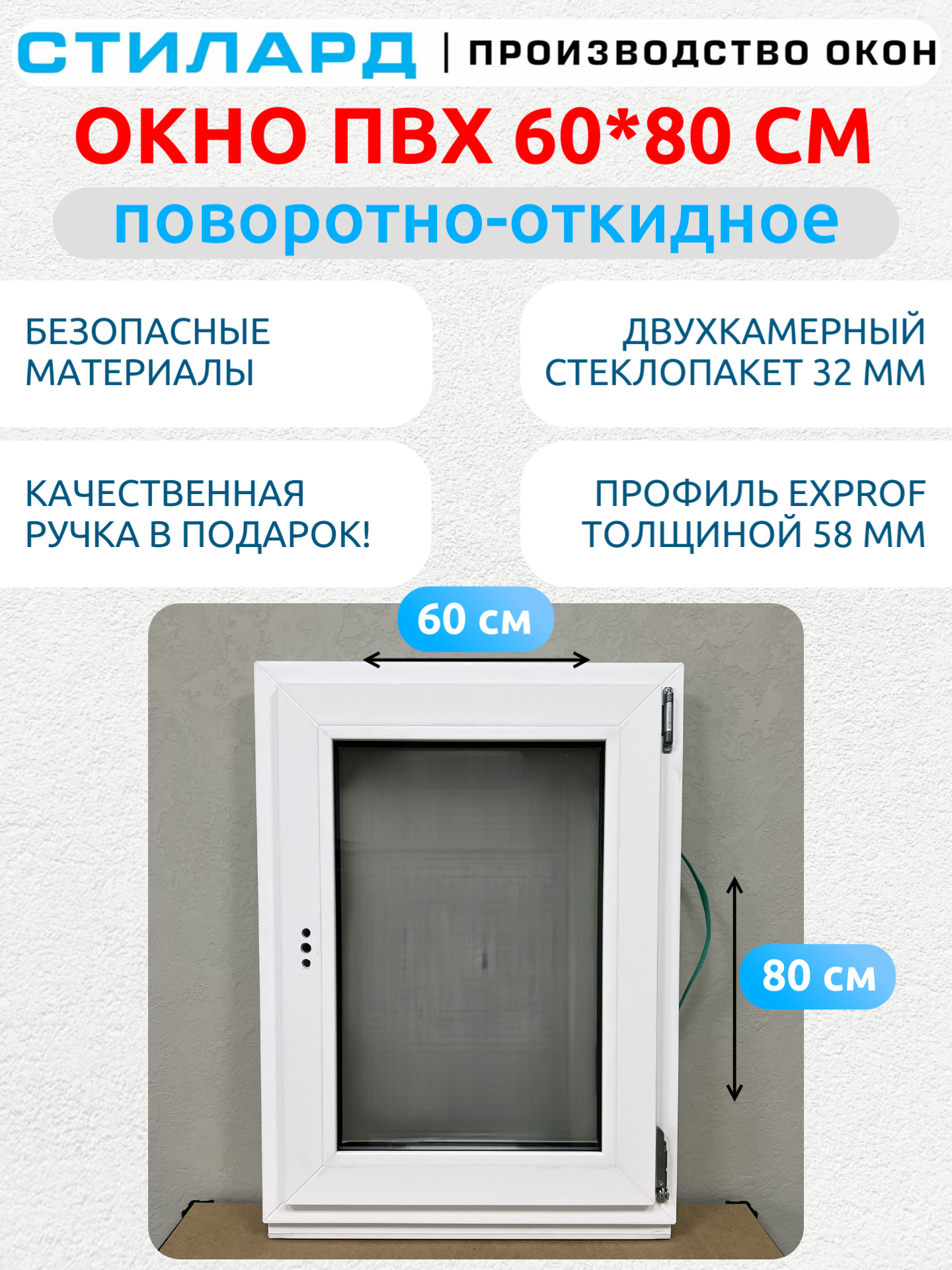 Окно пластиковое ПВХ, 60х80 см, поворотно-откидное, двухкамерный стеклопакет, белое