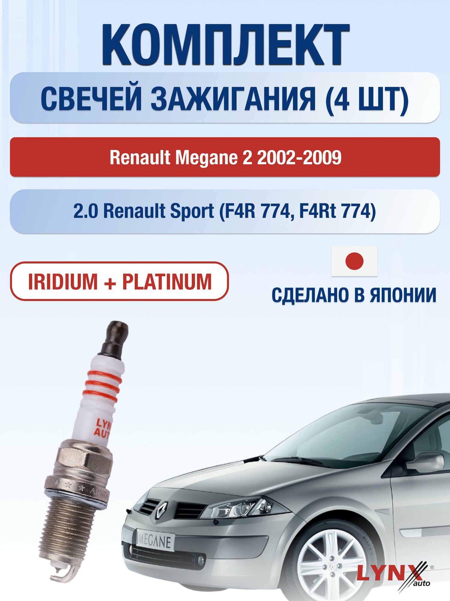 Свечи зажигания на Renault Megane 2 2002-2009г./ комплект 4 шт. Двигатель 2.0 Renault Sport (F4R 774) SP-233/ LYNXauto