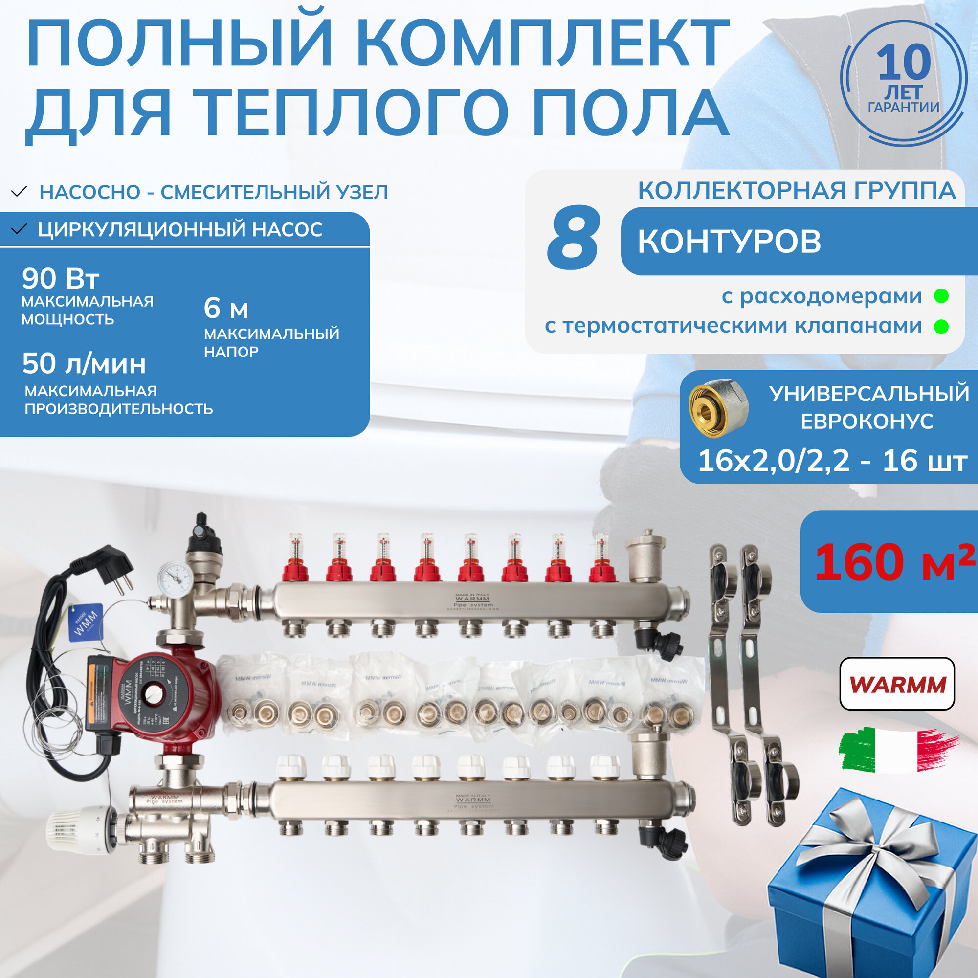 Коллектор для теплого пола в сборе на 160 квадратов теплого пола, 8 контуров с расходомерами Warmm Pipe System