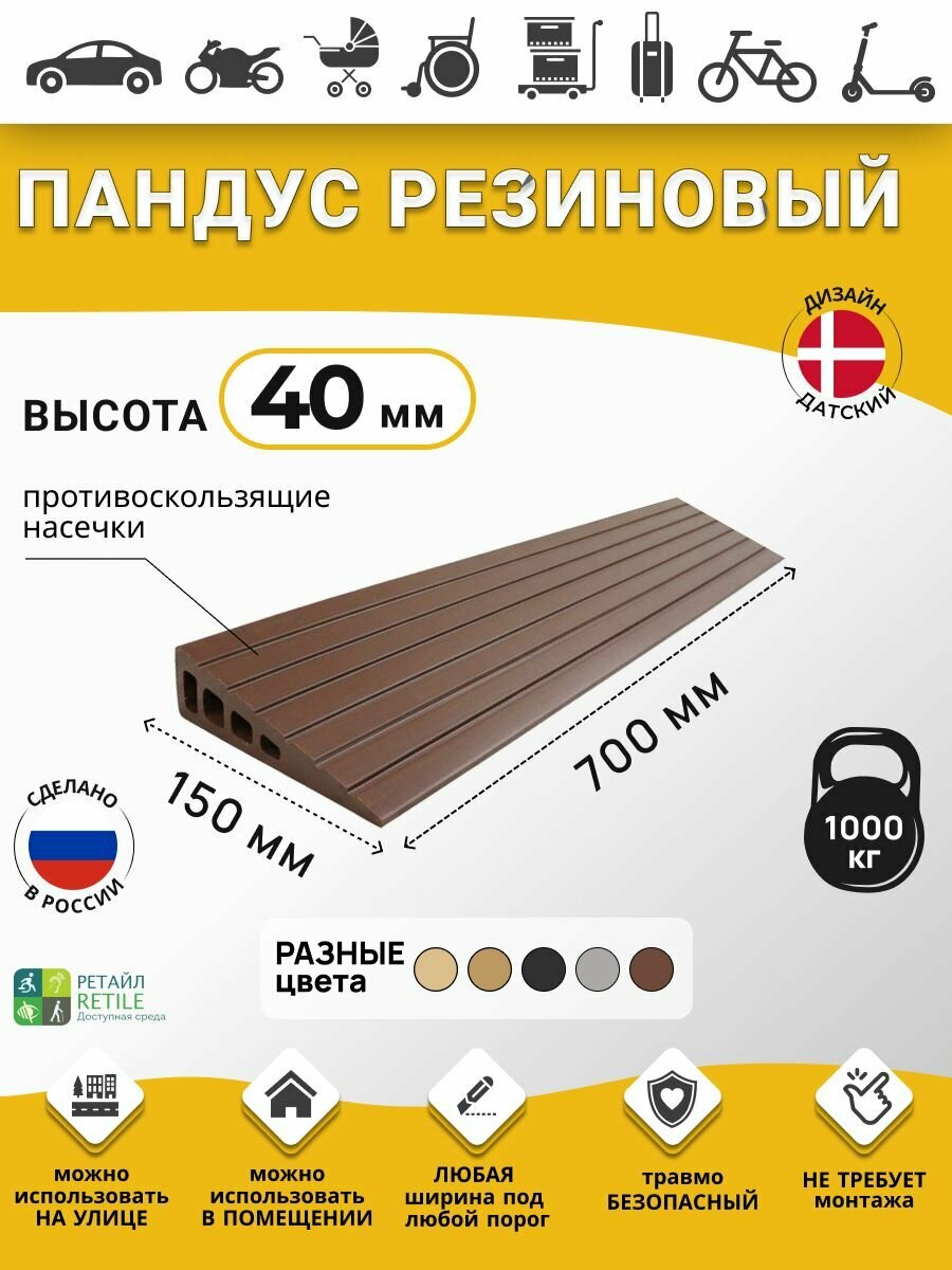Пандус резиновый рубеж для порогов высотой 4 см (40х700х160 мм), темно-коричневый, для колясок, склада и автомобилей